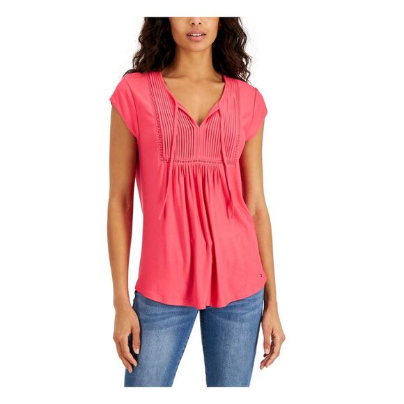 Tommy Hilfiger | Tops | Tommy Hilfiger Womens Pink Tie Pintucks Ladder Trim Cap Sleeve Split Top ...
